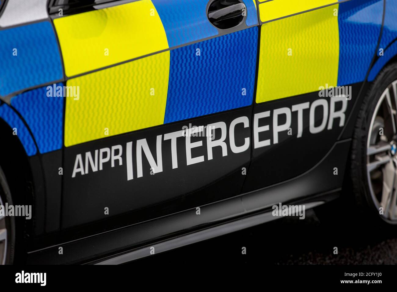 Detail of a BMW police vehicle on show during the launch by the PSNI of the new Automatic Number ...