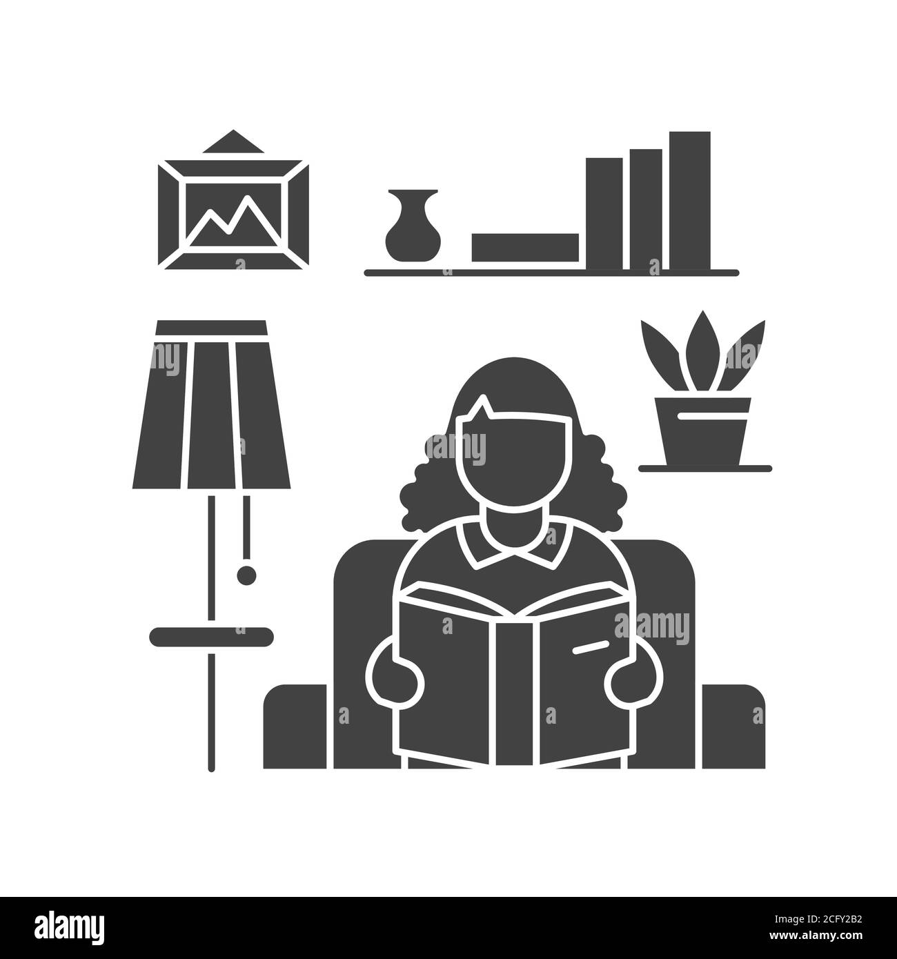 Faceless girl sitting on armchair and reading book black glyph icon ...