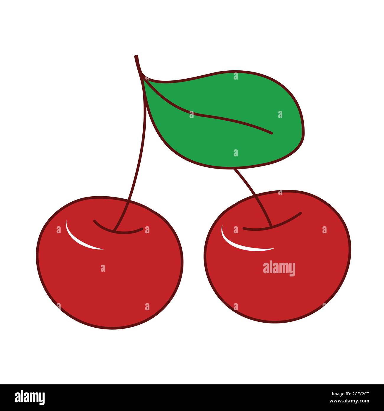 Two red cherries with a green leaf. Vector illustration with stroke ...