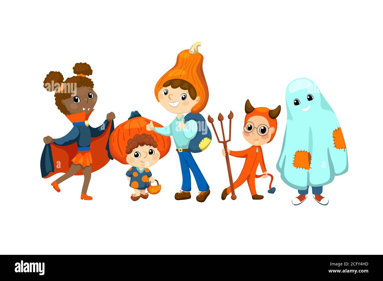 Happy kids in Halloween costume vector illustration on white background ...