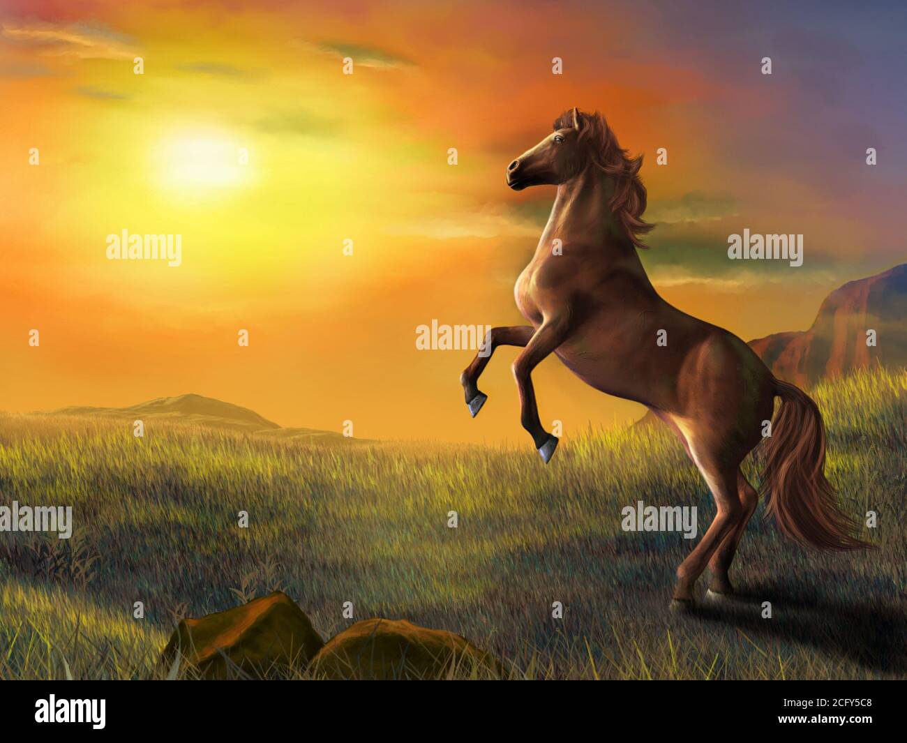 Rising horse over a beautiful landscape at sunset. Digital illustration ...