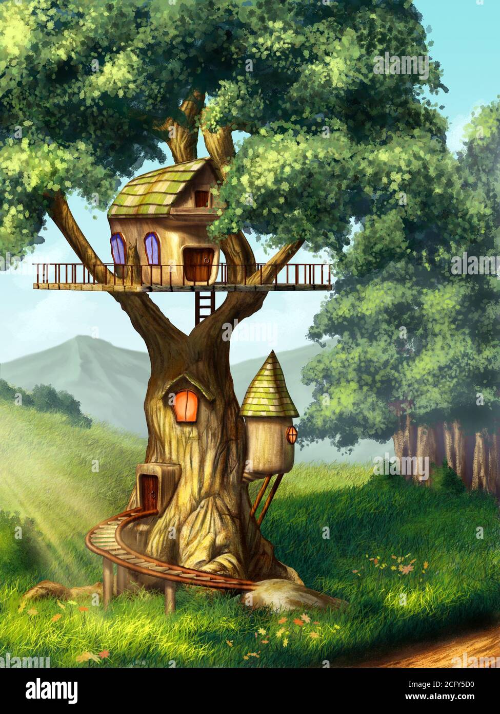 Fantasy house built on a tree. Original digital illustration Stock ...