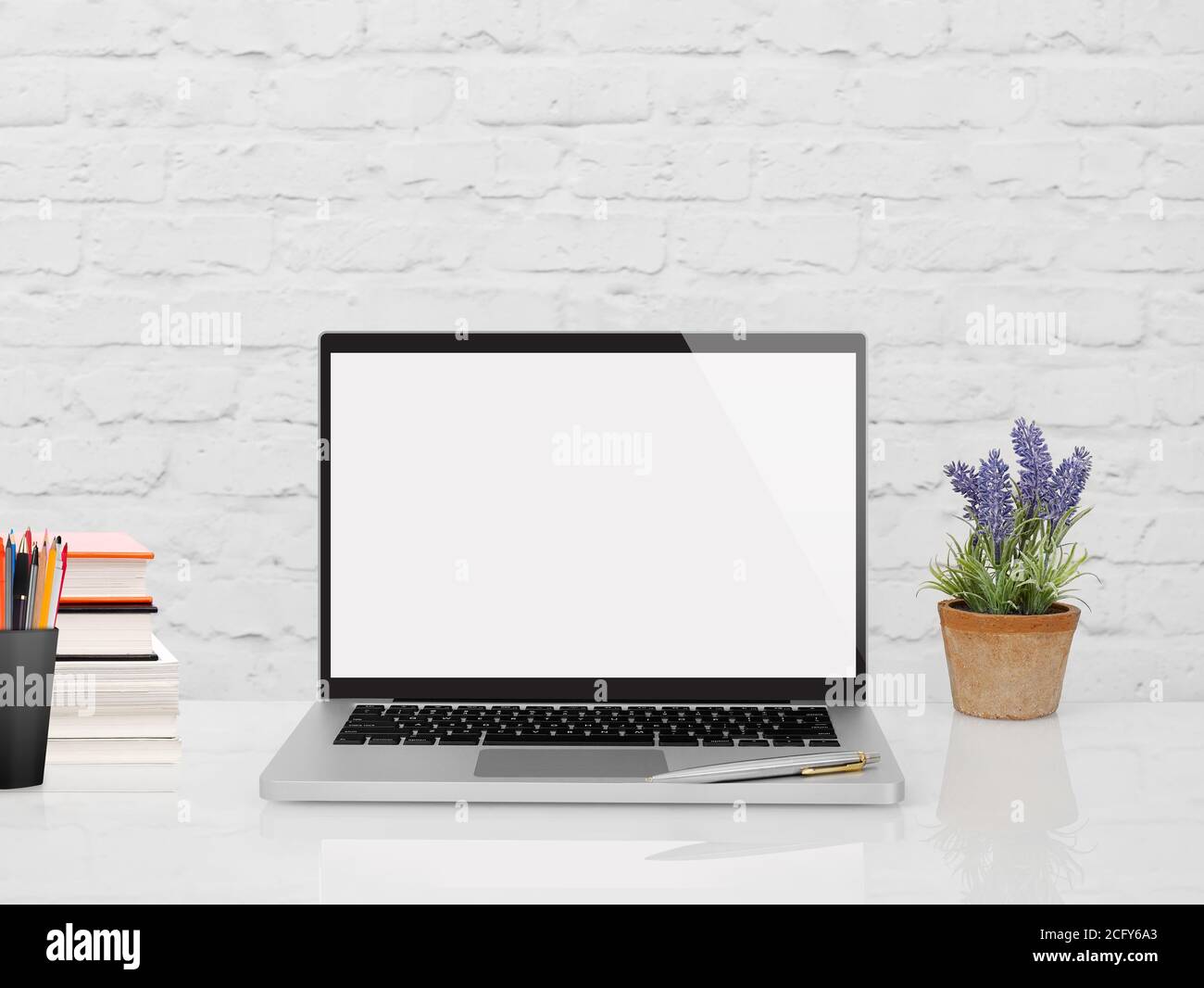 Laptop with blank screen on desk Stock Photo - Alamy