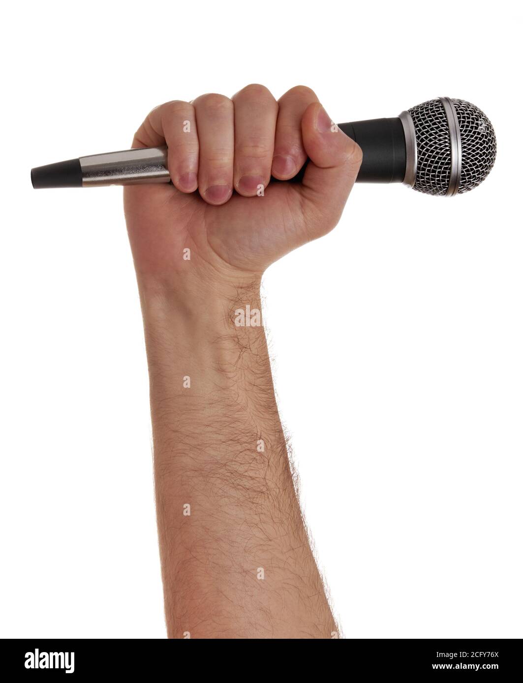 Microphone in hand on white background Stock Photo - Alamy