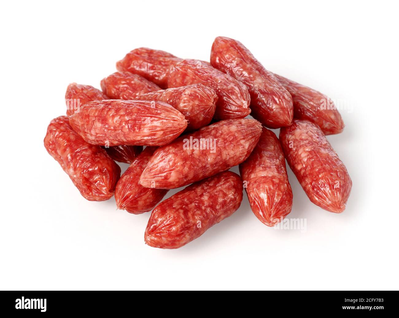 Small sausages isolated on white Stock Photo - Alamy
