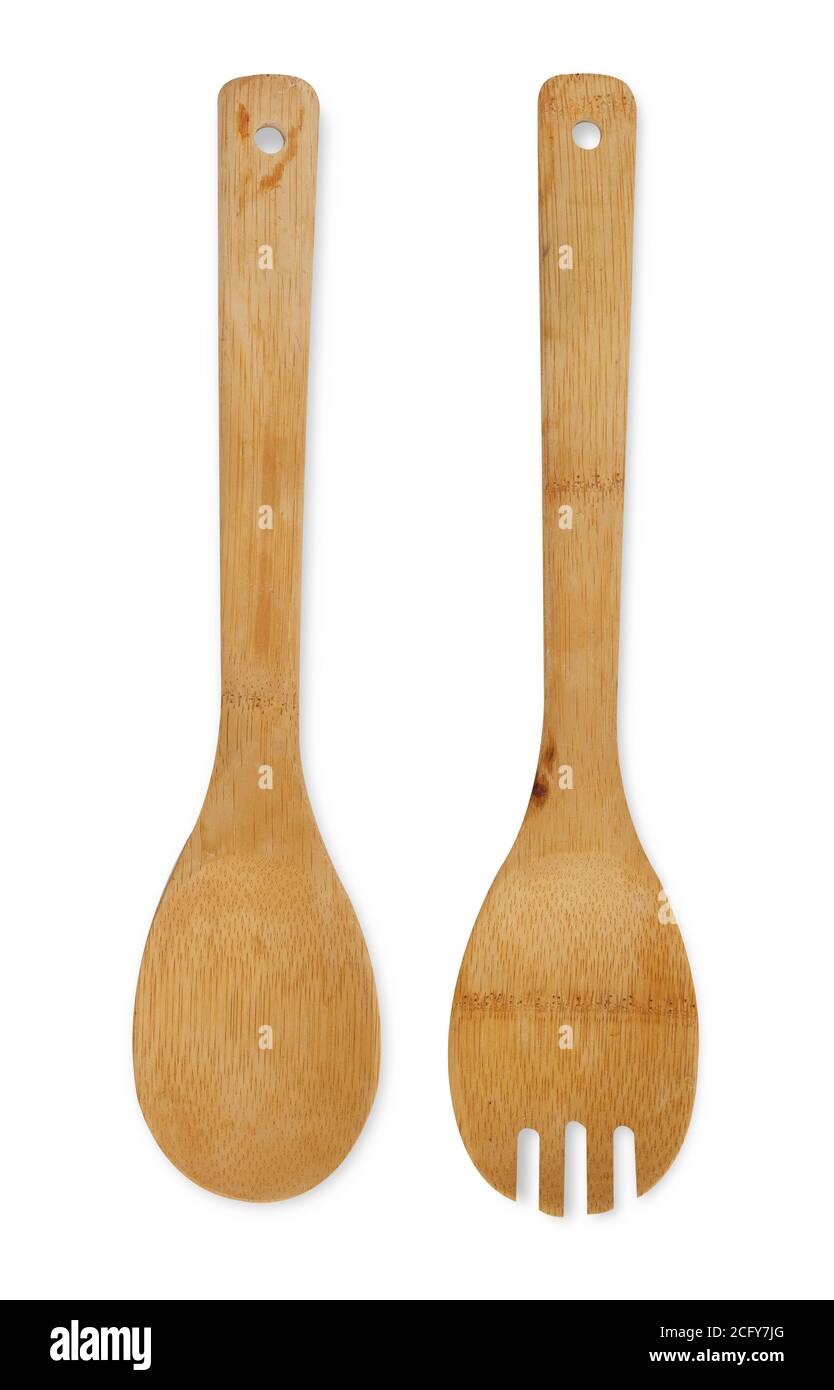 Wooden spoon and fork isolated on white Stock Photo - Alamy