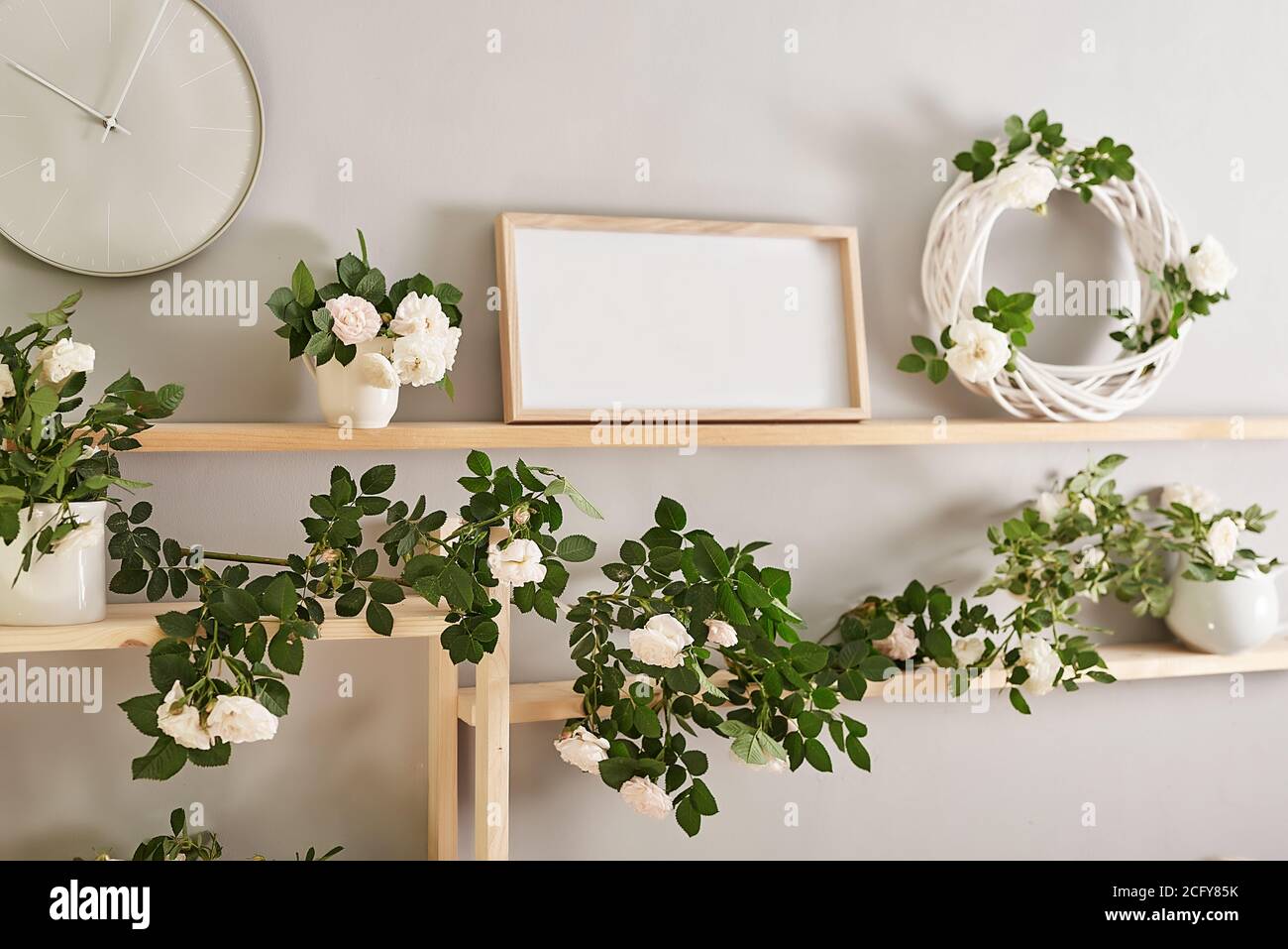 Floral background. Flower shop interior. Floral design studio, making ...