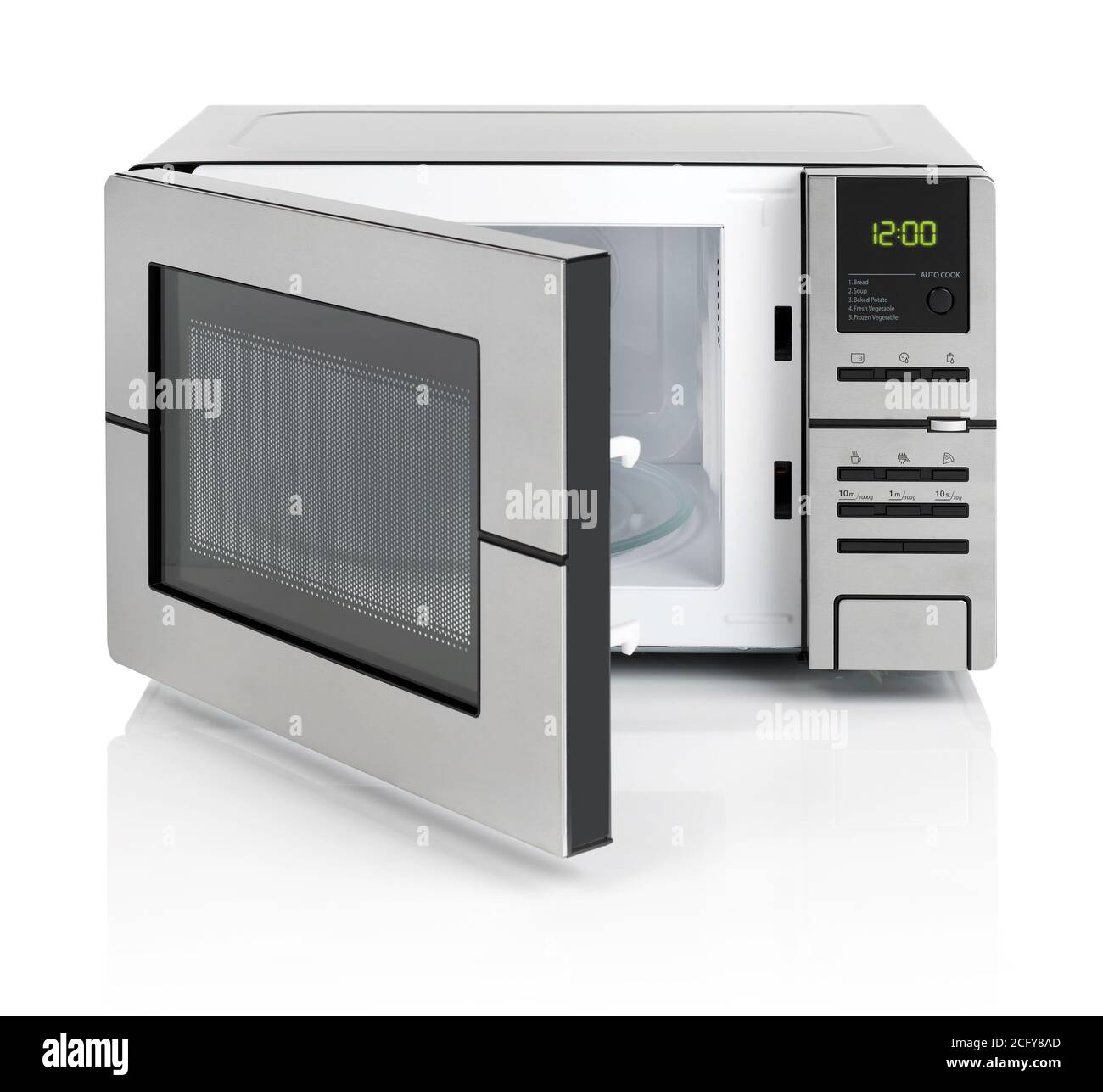 Silver metallic microwave oven with door open, isolated on white Stock ...