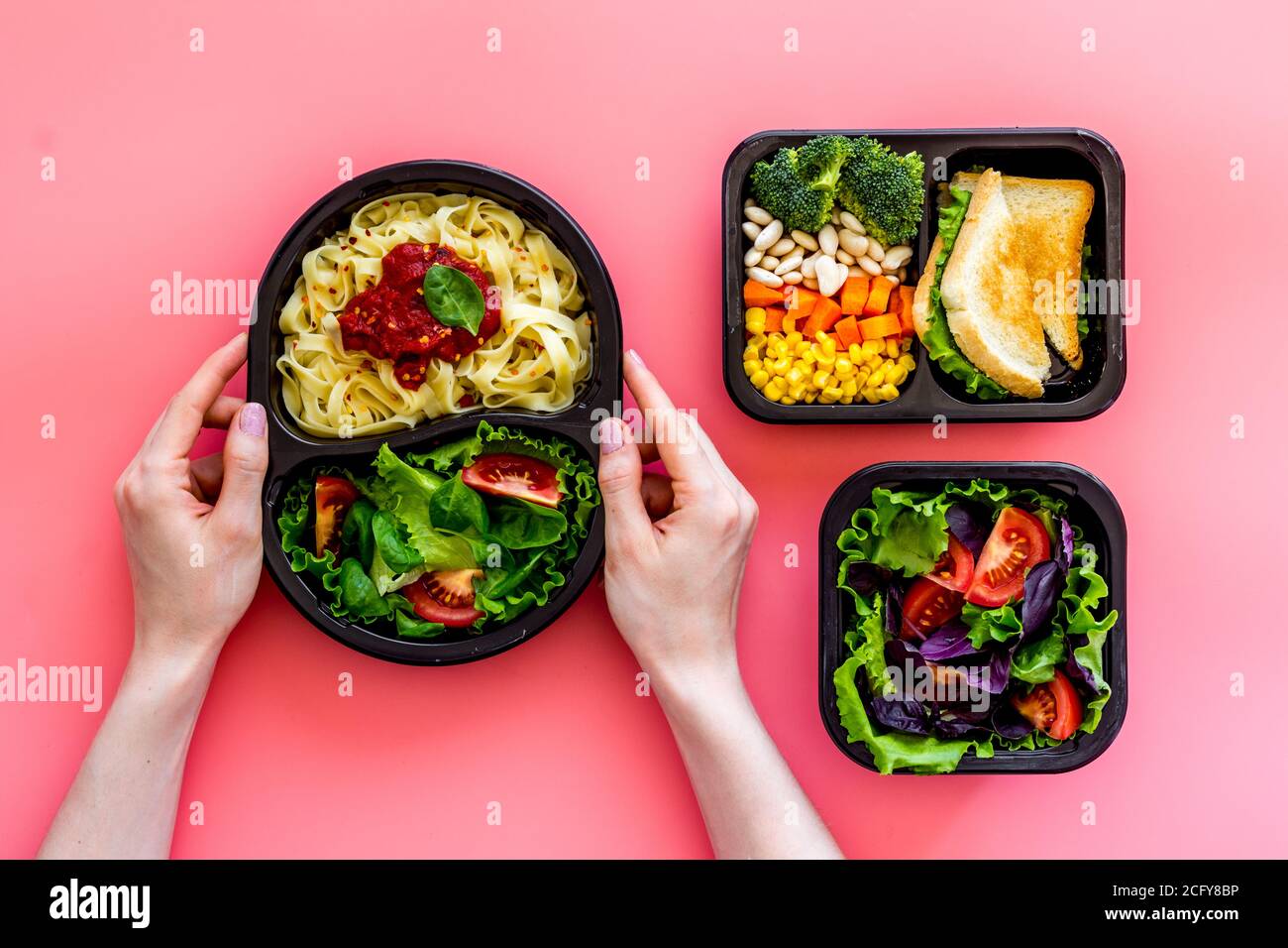Food delivery background. Take away meal in boxes. Top view Stock Photo ...