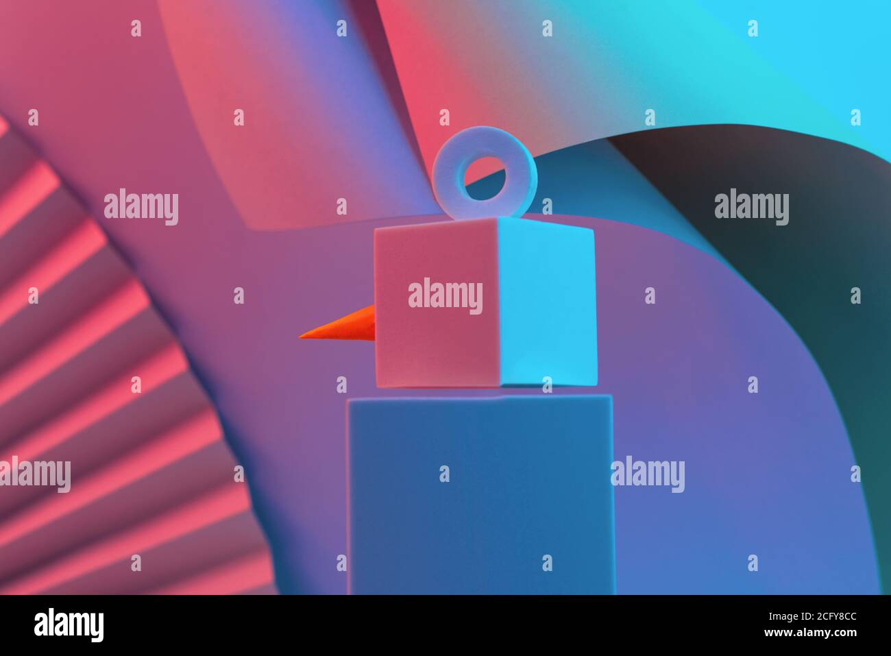 The polygonal snowman of cubes is illuminated with neon light, against ...