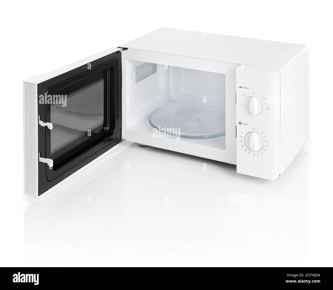 White microwave oven with open door, isolated on white Stock Photo - Alamy