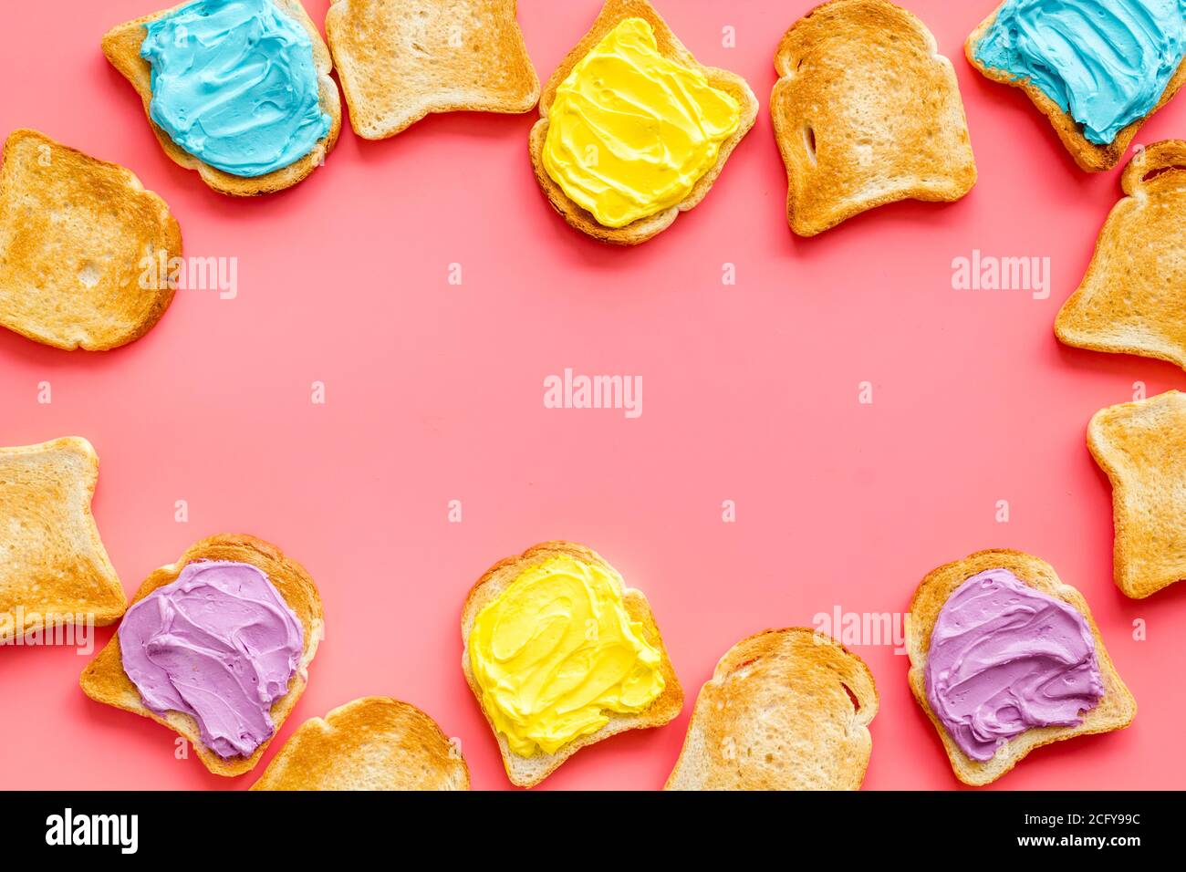 Frame of cheese spread toast bread. Food background, top view Stock ...