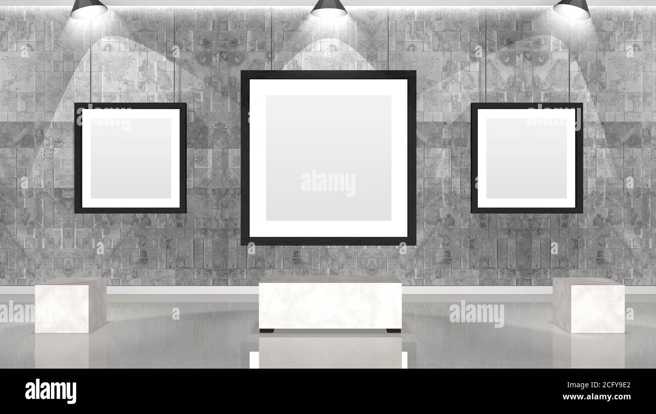 Art museum wall with three square frames, decorative illumination and ...