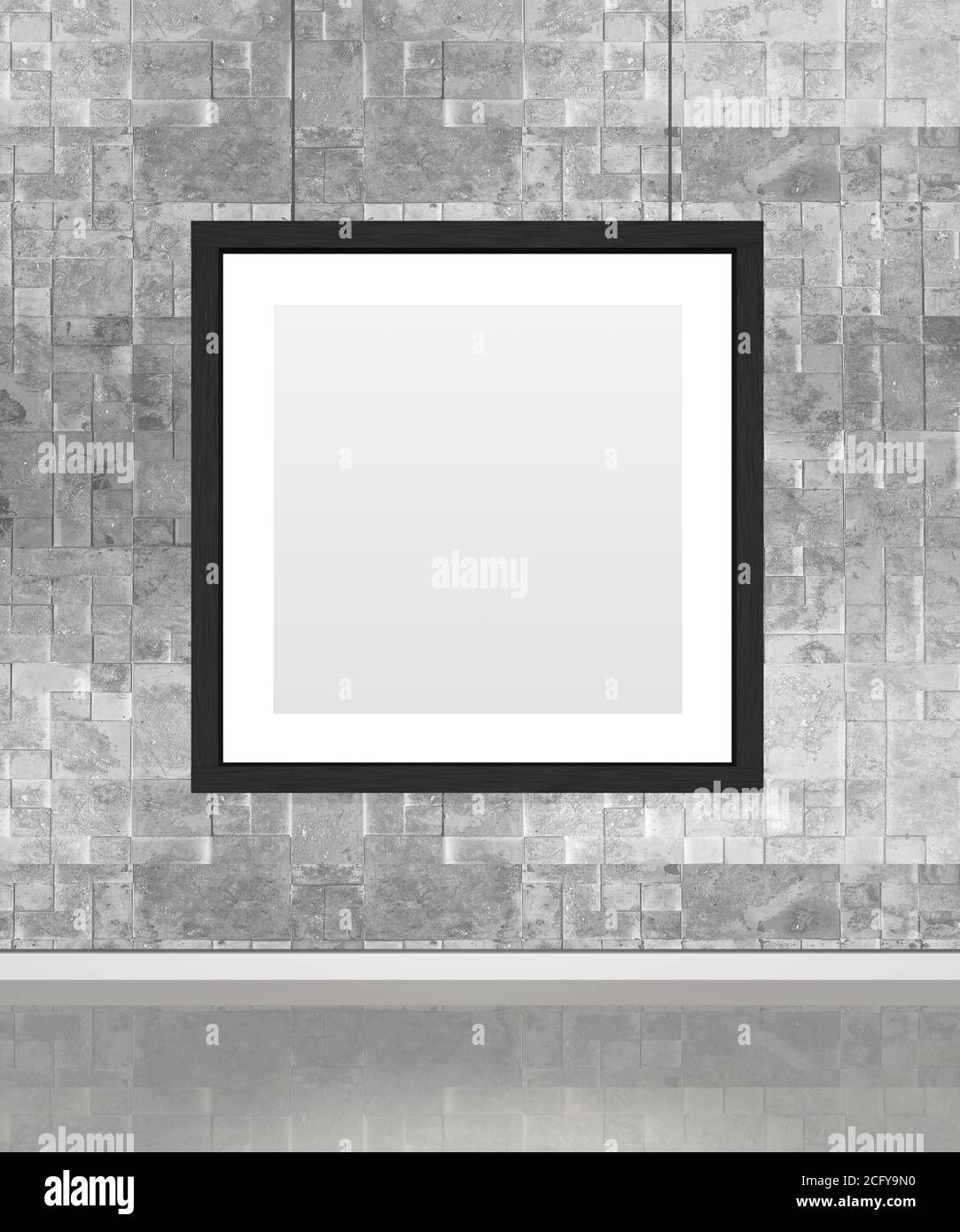 Art museum wall with a single square frame. Vertical image. Industrial ...