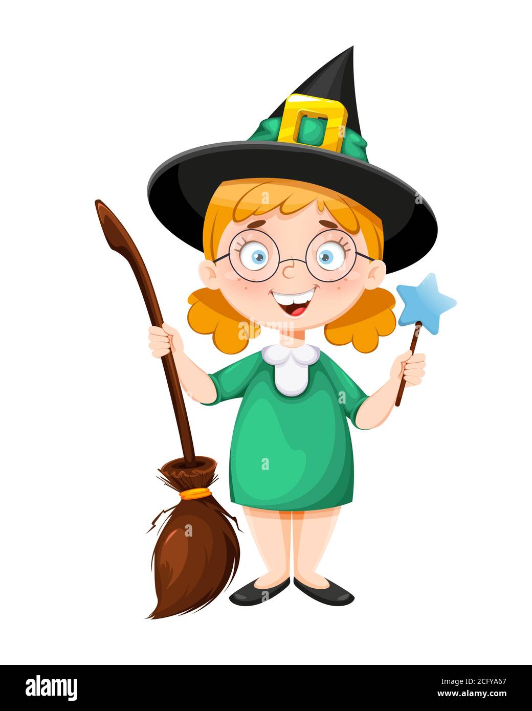 Happy Halloween. Little smiling witch cartoon character holding magic ...