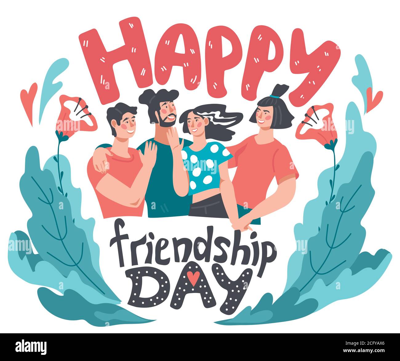 Friendship day banner or card template with group of friends or mates ...