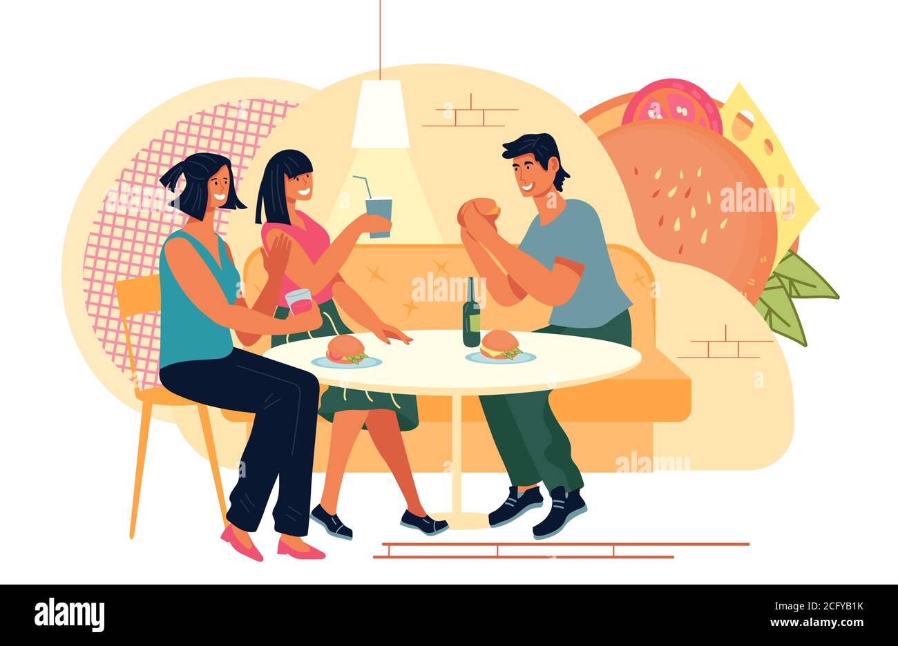 Friends eating in fast food restaurant or burger cafe. American cuisine ...