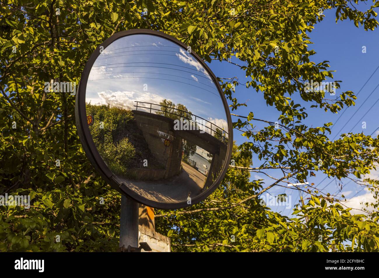 View of spherical viewing mirror for so-called dead zone. Driving ...