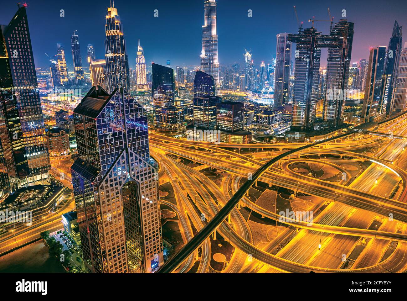 Dubai sunset panoramic view of downtown. Dubai is super modern city of ...