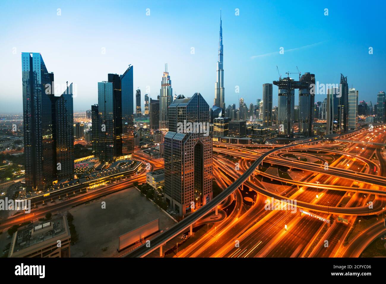 Dubai sunset panoramic view of downtown. Dubai is super modern city of ...