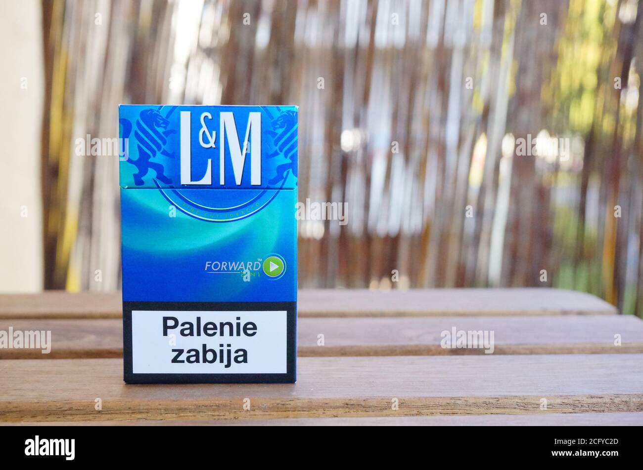 POZNAN, POLAND - Sep 08, 2016: L&M cigarettes in a blue box with Polish ...