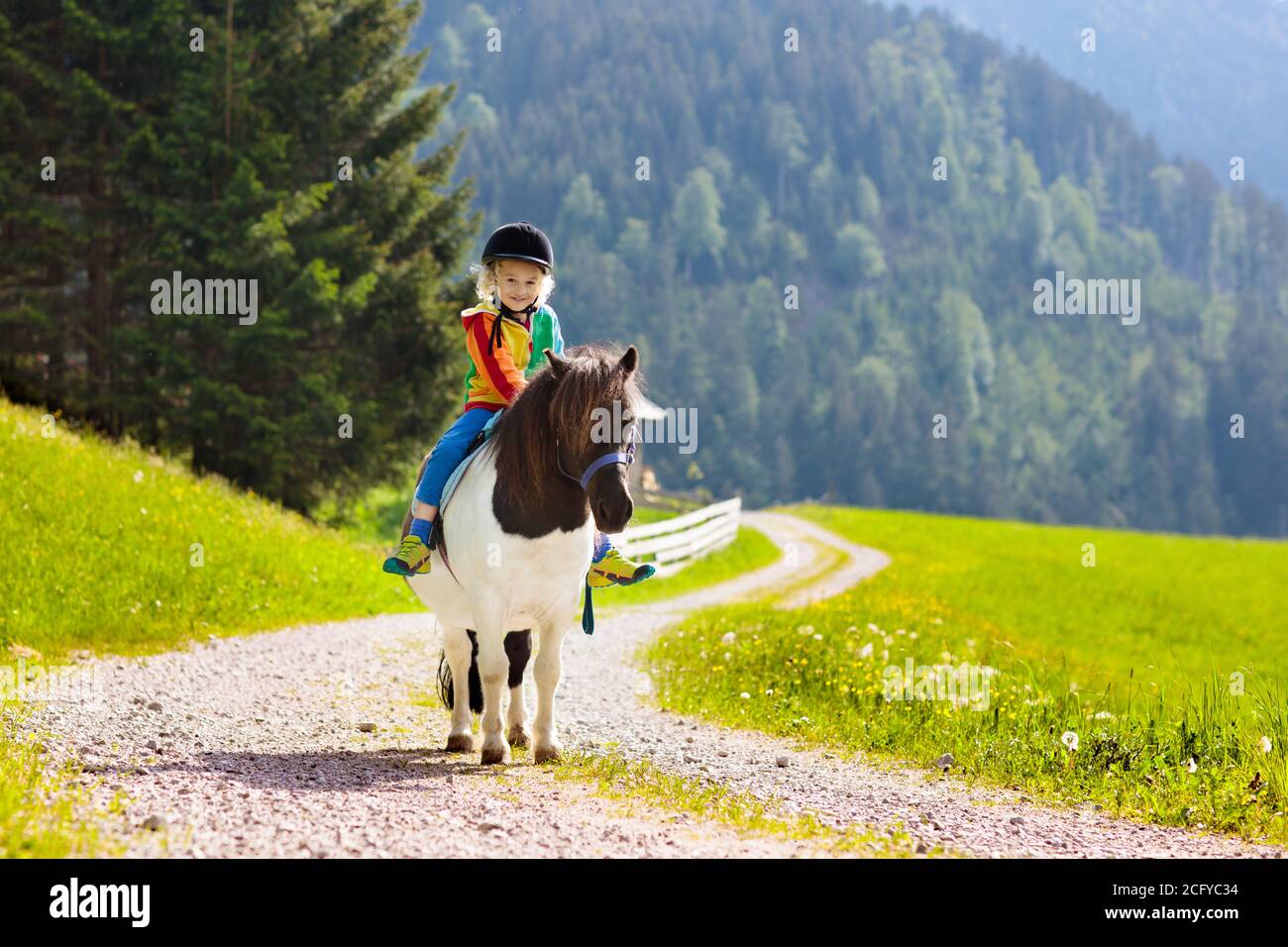 Kids riding pony in the Alps mountains. Family spring vacation on horse ...