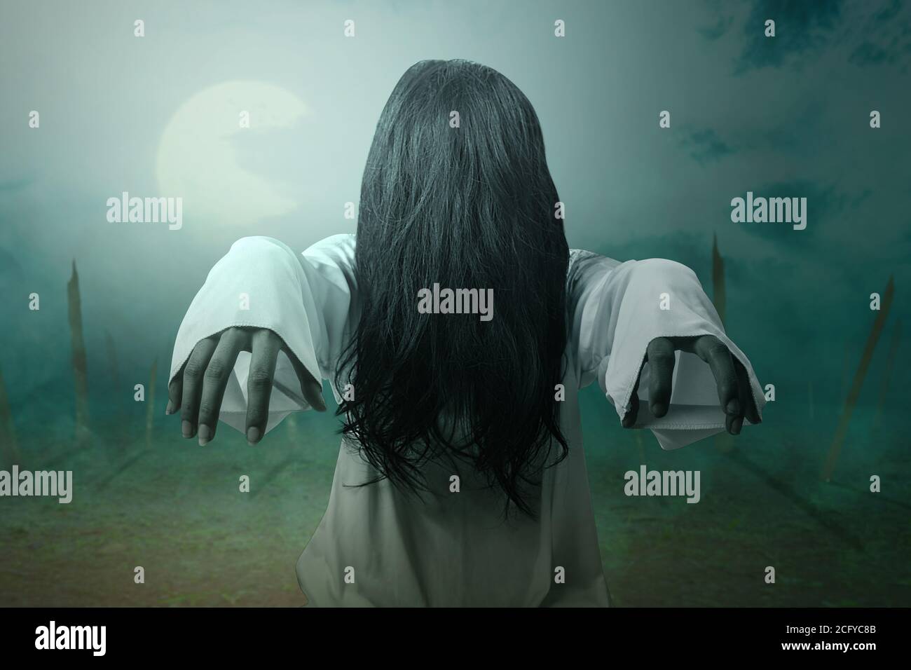 Scary ghost woman standing with night scene background. Halloween ...
