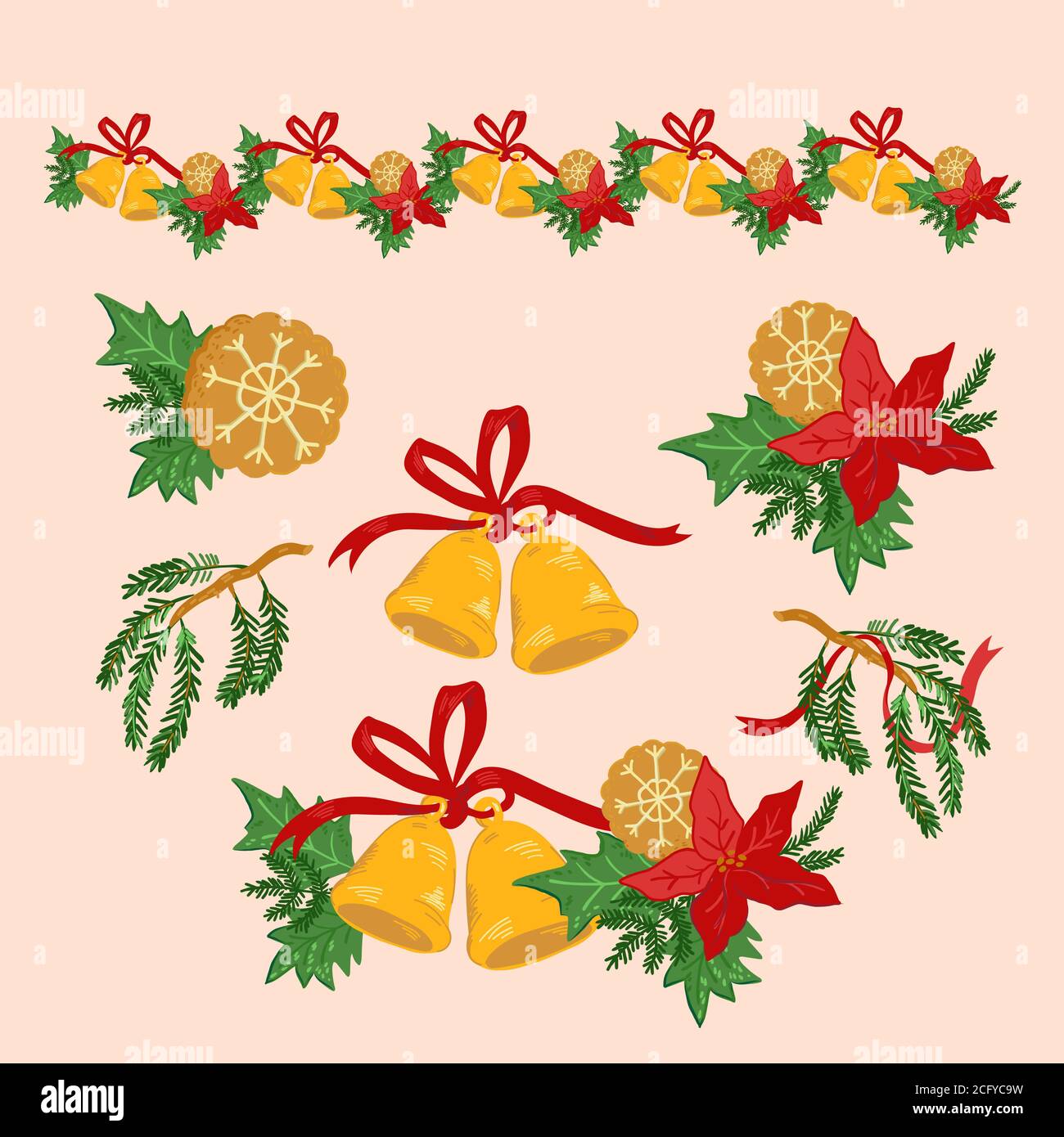 Christmas holiday set with Xmas Flower and Bells Border and single ...