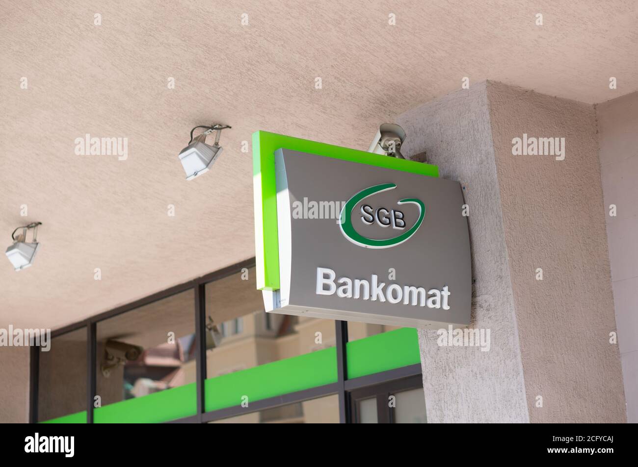 POZNAN, POLAND - Apr 18, 2019: SGB bank board with logo by a ATM ...