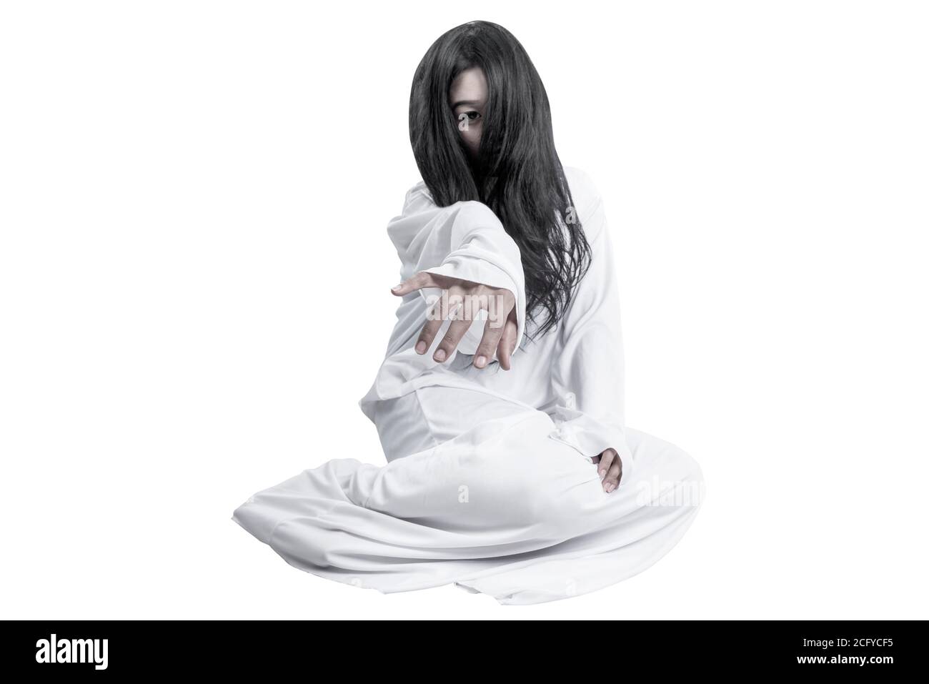 Scary ghost woman crawling isolated over white background. Halloween ...