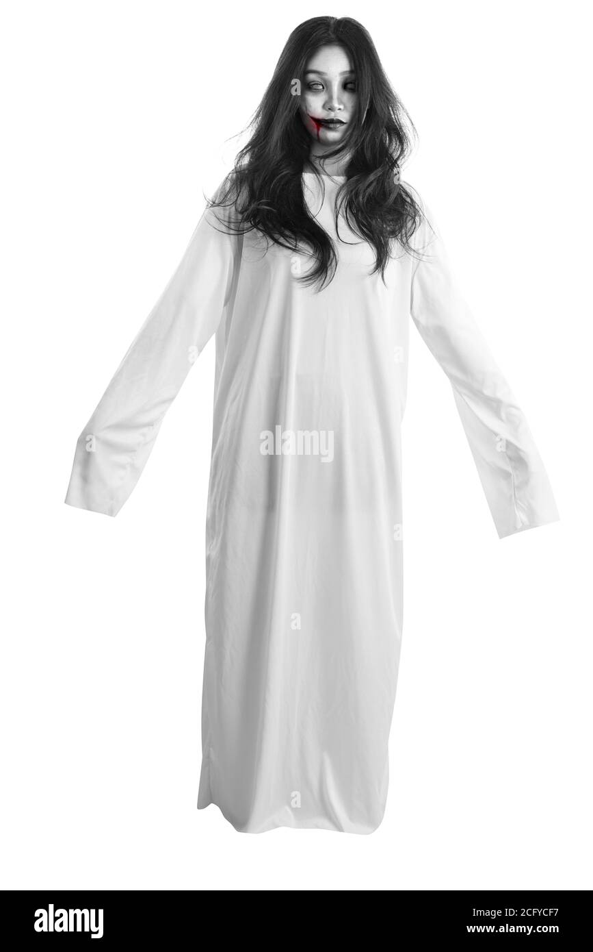 Scary ghost woman standing isolated over white background. Halloween ...