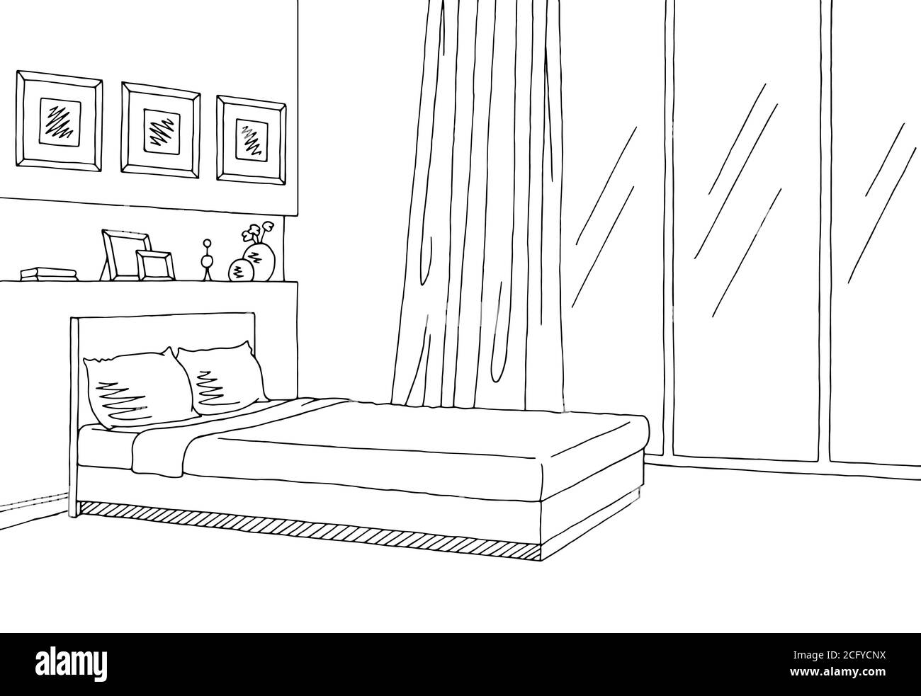 Bedroom graphic black white interior sketch illustration vector Stock ...
