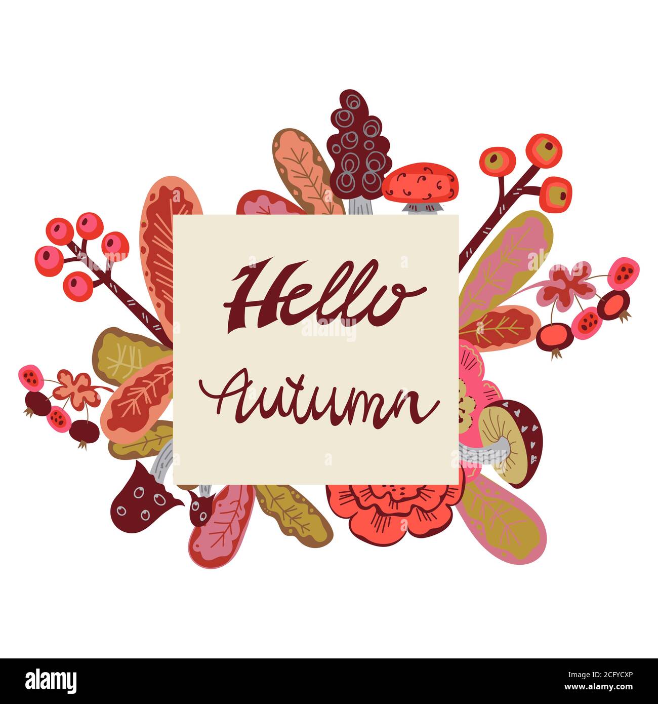 Hello autumn letter with leaves, berries and mushrooms card or poster ...
