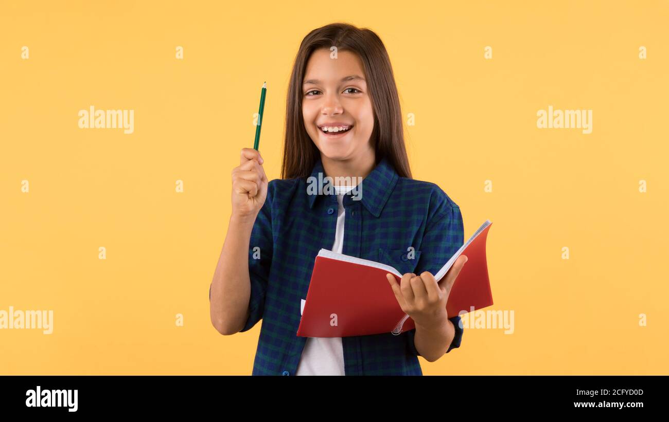 Teenage girl holding notebook and raising pen up at studio Stock Photo ...