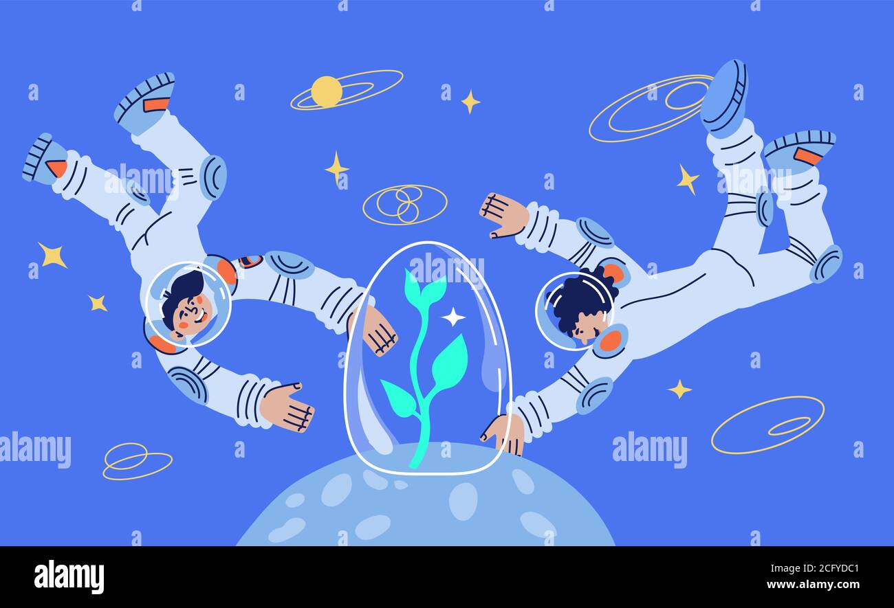 Cosmonauts plant tree on planet. Science research Stock Vector Image ...