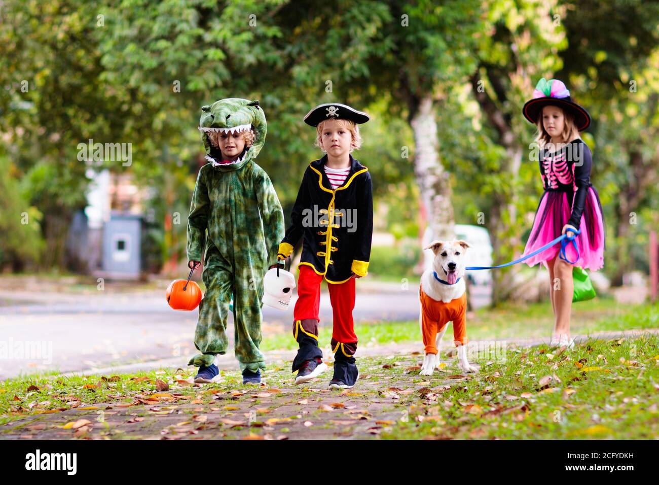 Kids trick or treat in Halloween costume. Children in colorful dress up ...