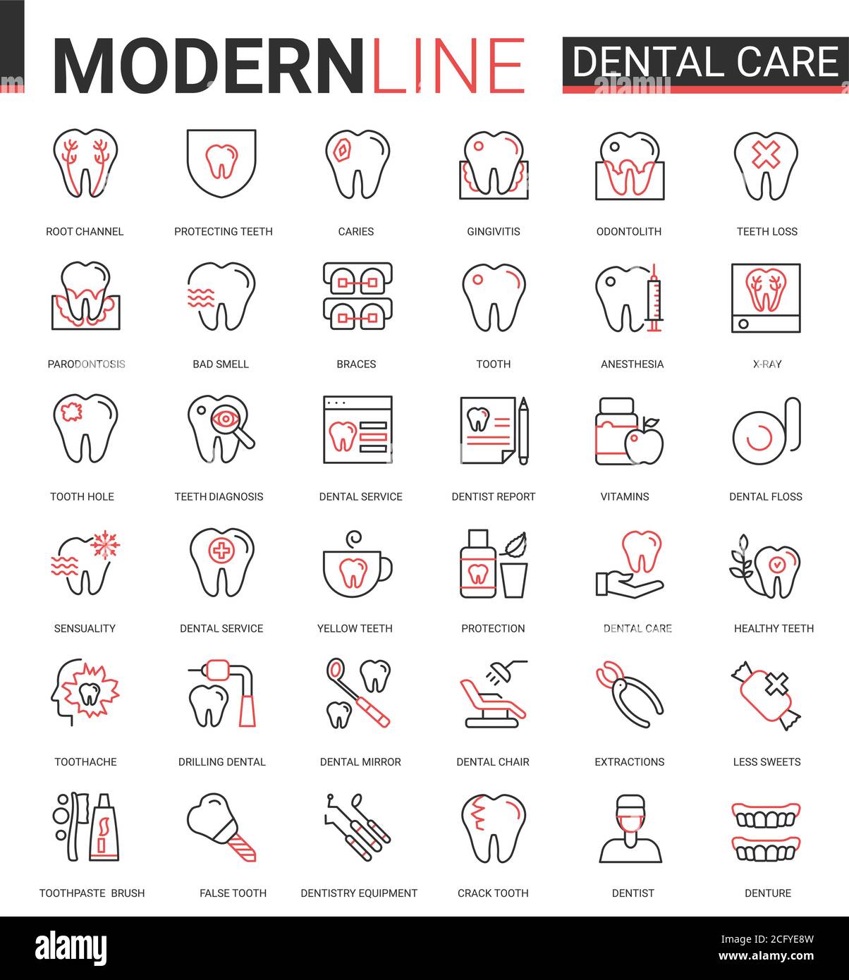 Dental care medicine flat thin red black line icons vector illustration ...