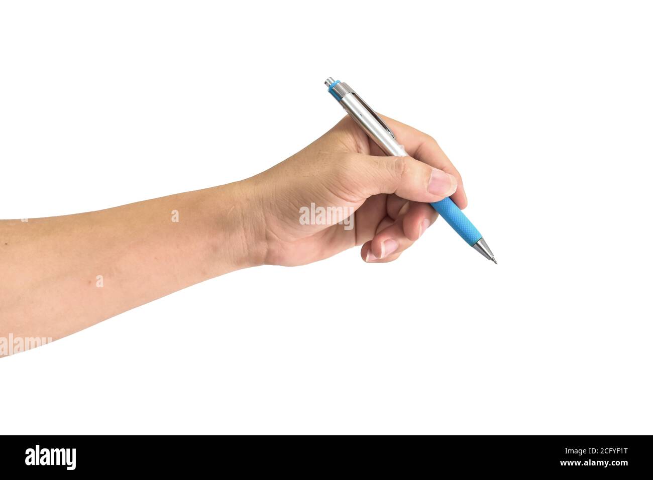 Man's hand holding pen and writing isolated on white background. with ...