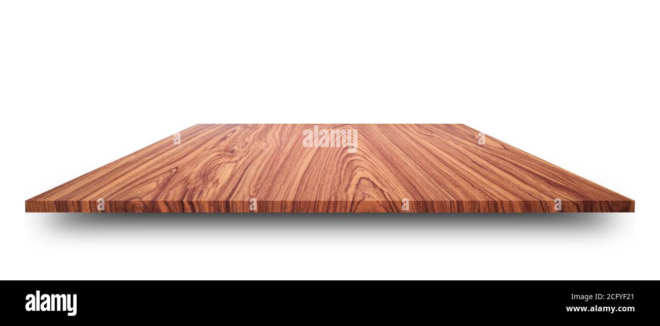 Empty top of wooden table or counter isolated on white background. For ...