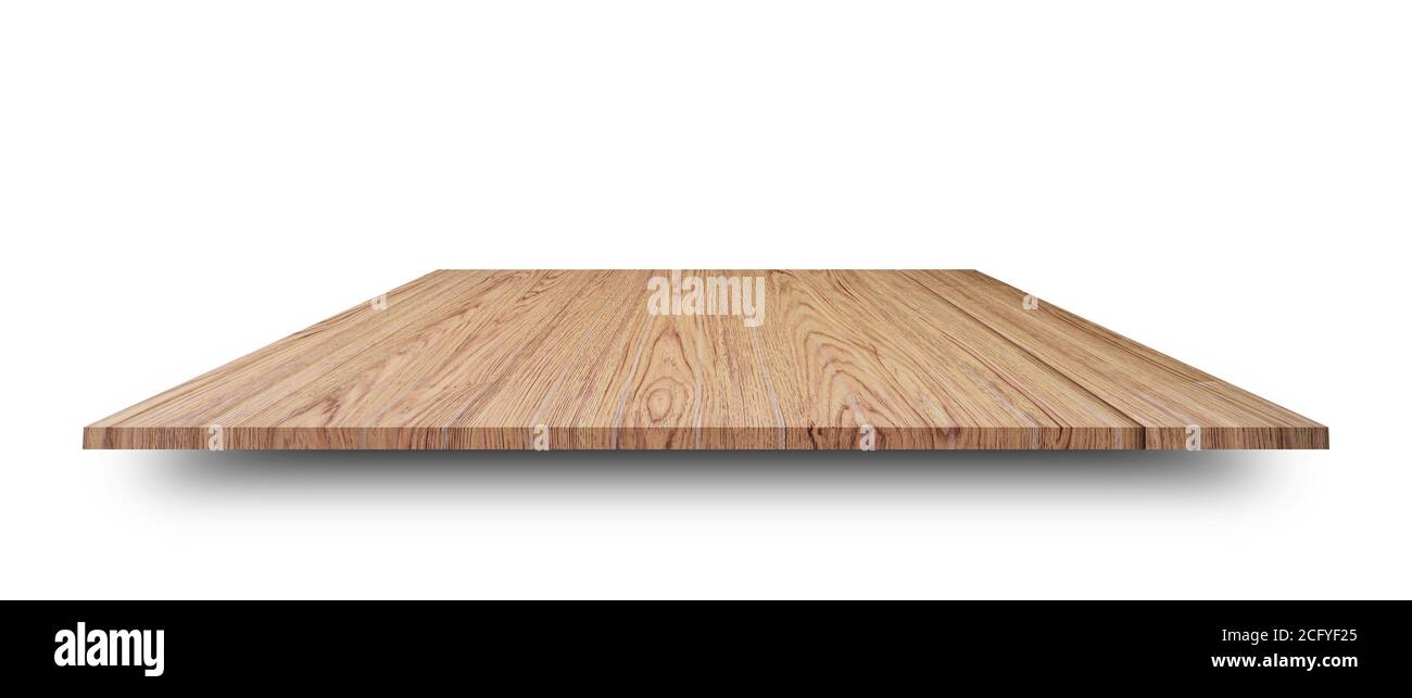 Empty top of wooden table or counter isolated on white background. For ...