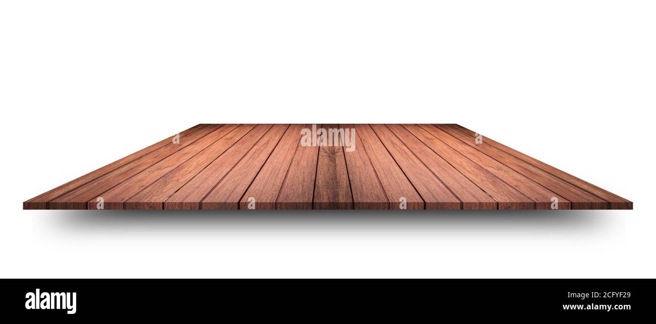Empty top of wooden table or counter isolated on white background. For ...
