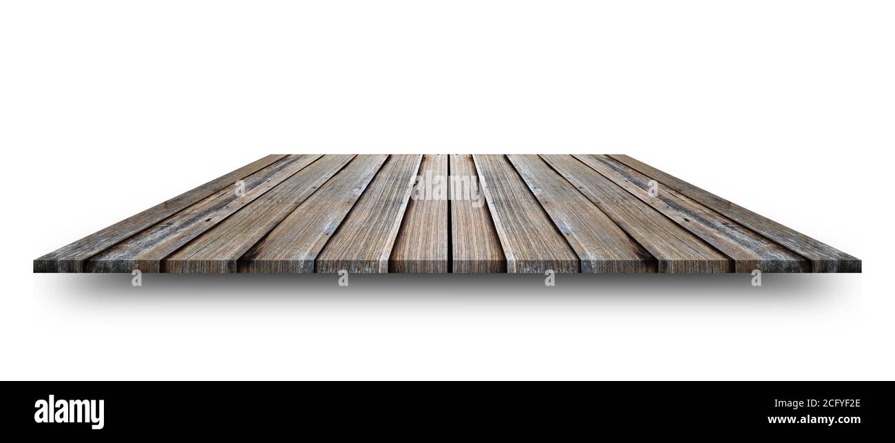 Empty top of wooden table or counter isolated on white background. For ...