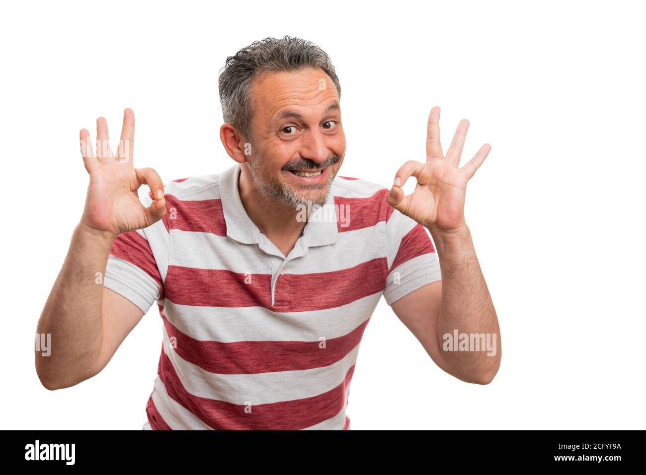 Happy cheerful man smiling as making double okay sign approve gesture ...