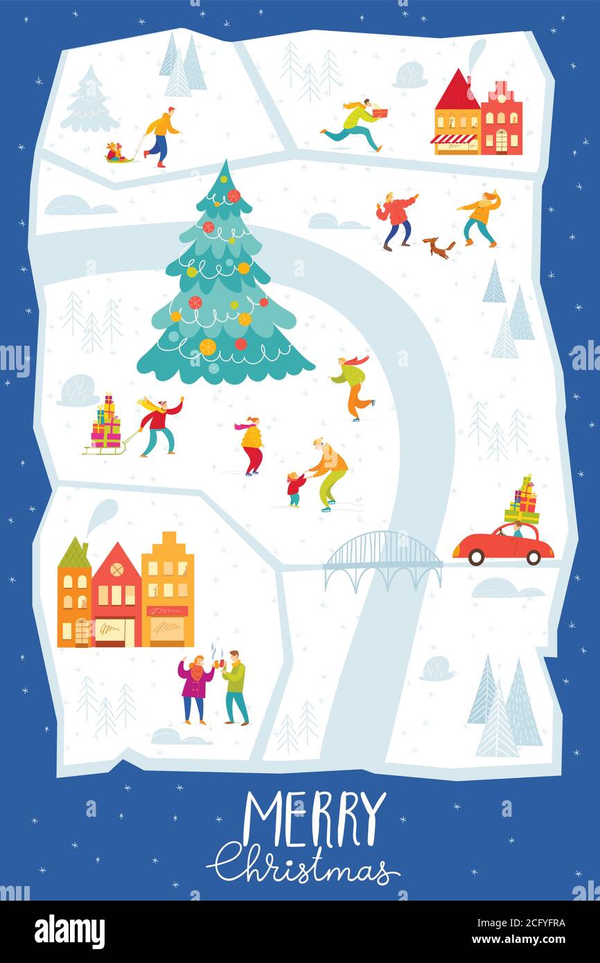 Merry Christmas poster with city map and people doing winter activities ...