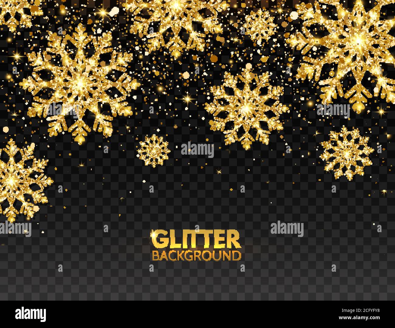 Glitter gold snowflakes with falling particles on transparent ...