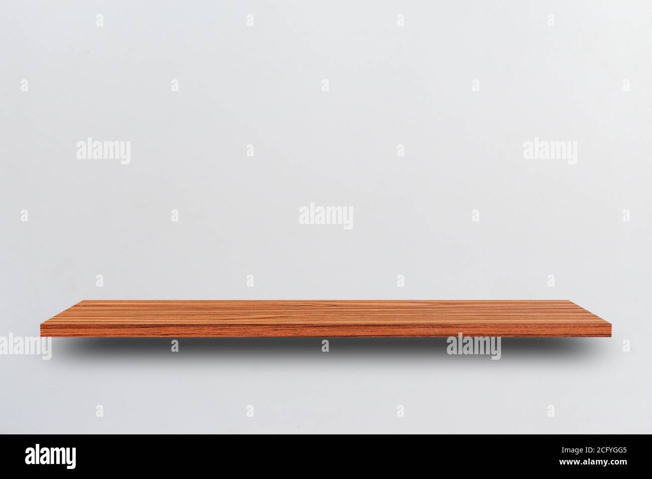 Front view empty wooden shelf and grey wall. Design concept Stock Photo ...