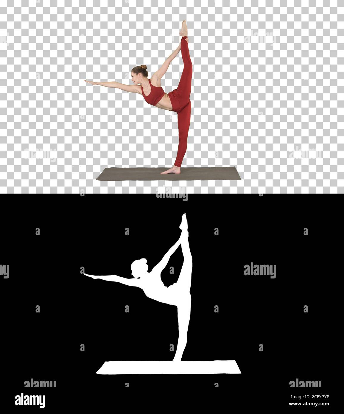 Slim woman standing in yoga pose dandayamana dhanurasana, Alpha Channel ...