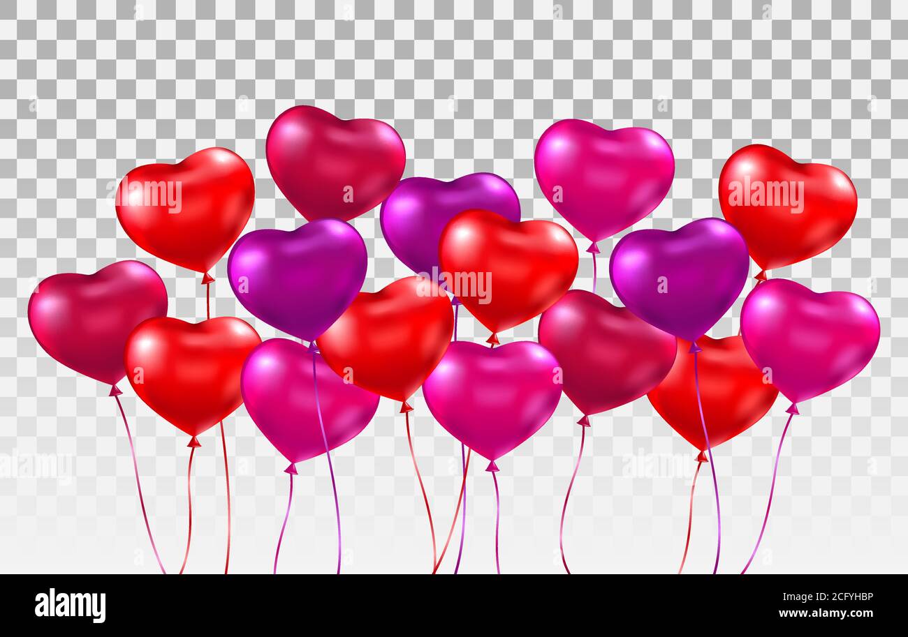 3d realistic heart ballons set. Bunch of glossy red, pink, purple heart ...