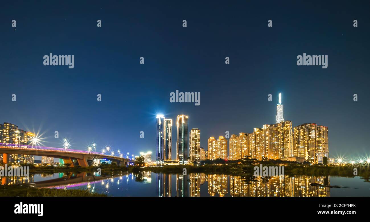 Panorama night view at Landmark 81 is a super tall skyscraper in center ...