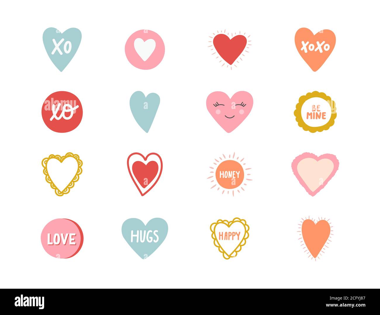 Hand drawn color heart labels, tags isolated on white background ...